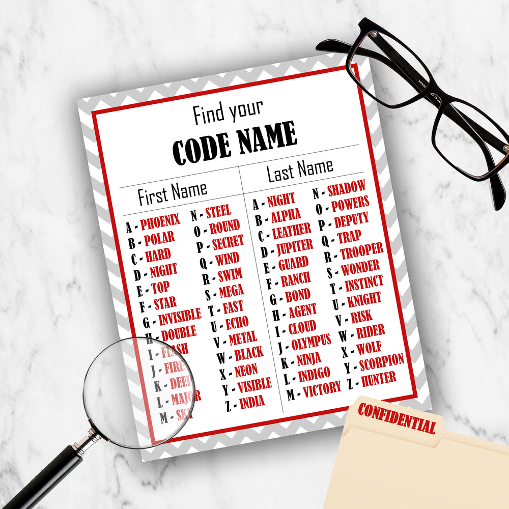 Printable Spy Secret Agent Code Name Chart - DIY Birthday Party Games ...