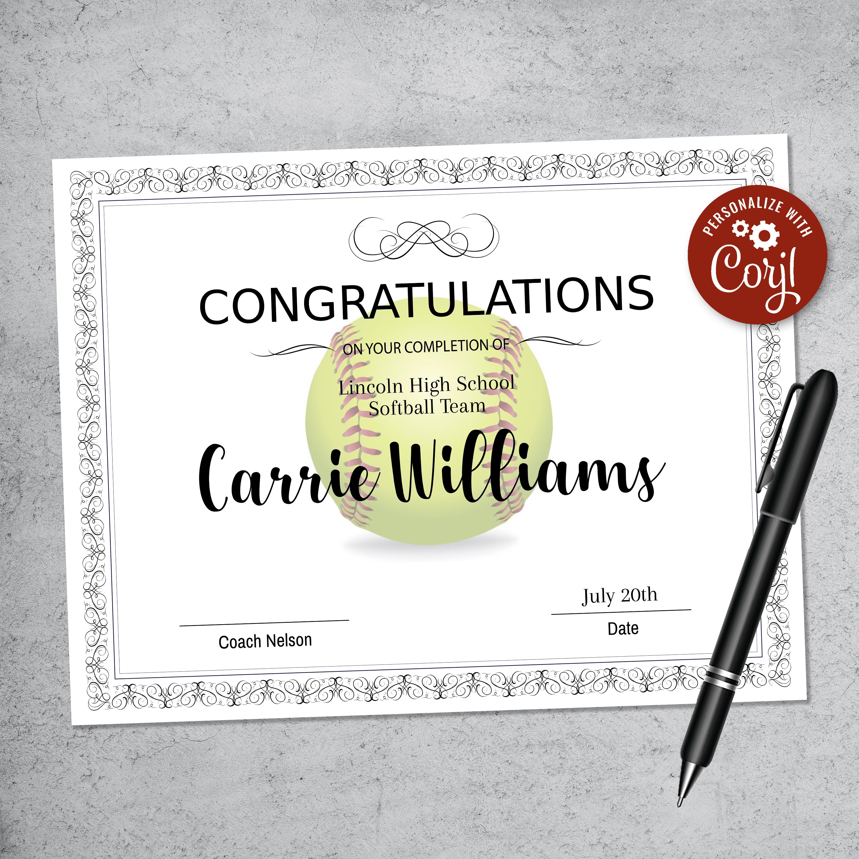 Editable Softball Certificate Template - LillyBellePaperie